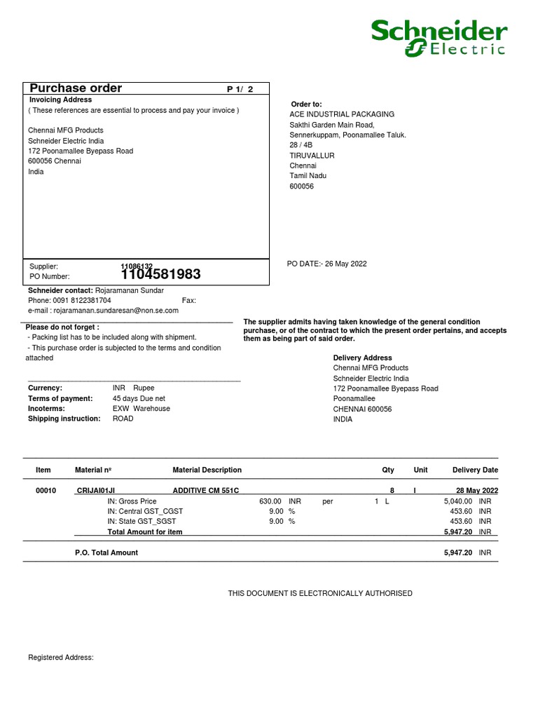 Purchase Order for Chennai MFG Products | PDF | Supply Chain Management ...