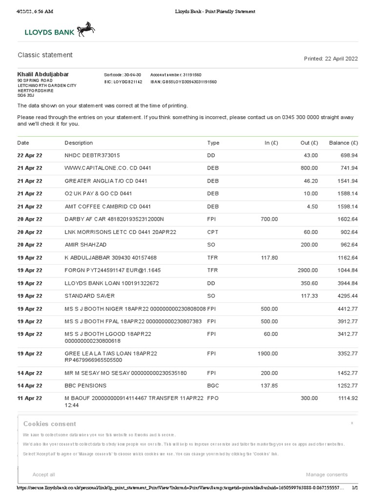 Lloyds Bank - Print Friendly Statement | PDF | Http Cookie | Financial ...