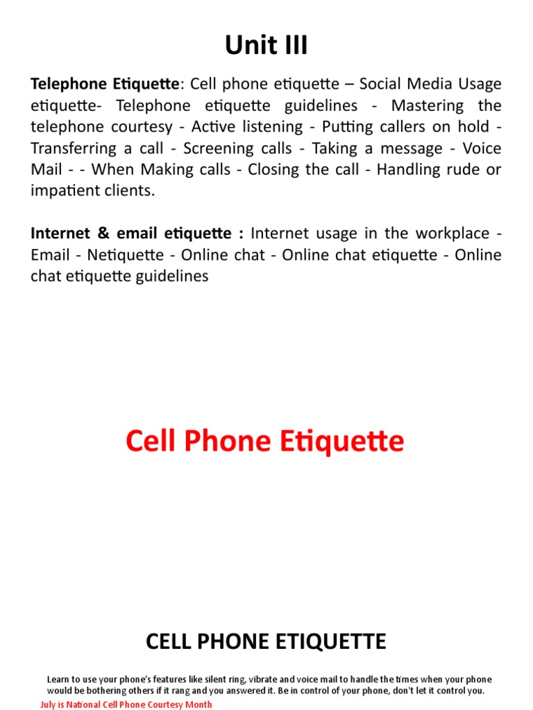 Unit III: Telephone Etiquette: Cell Phone Etiquette - Social Media ...
