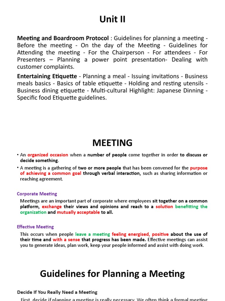 Unit II: Meeting and Boardroom Protocol: Guidelines For Planning A ...