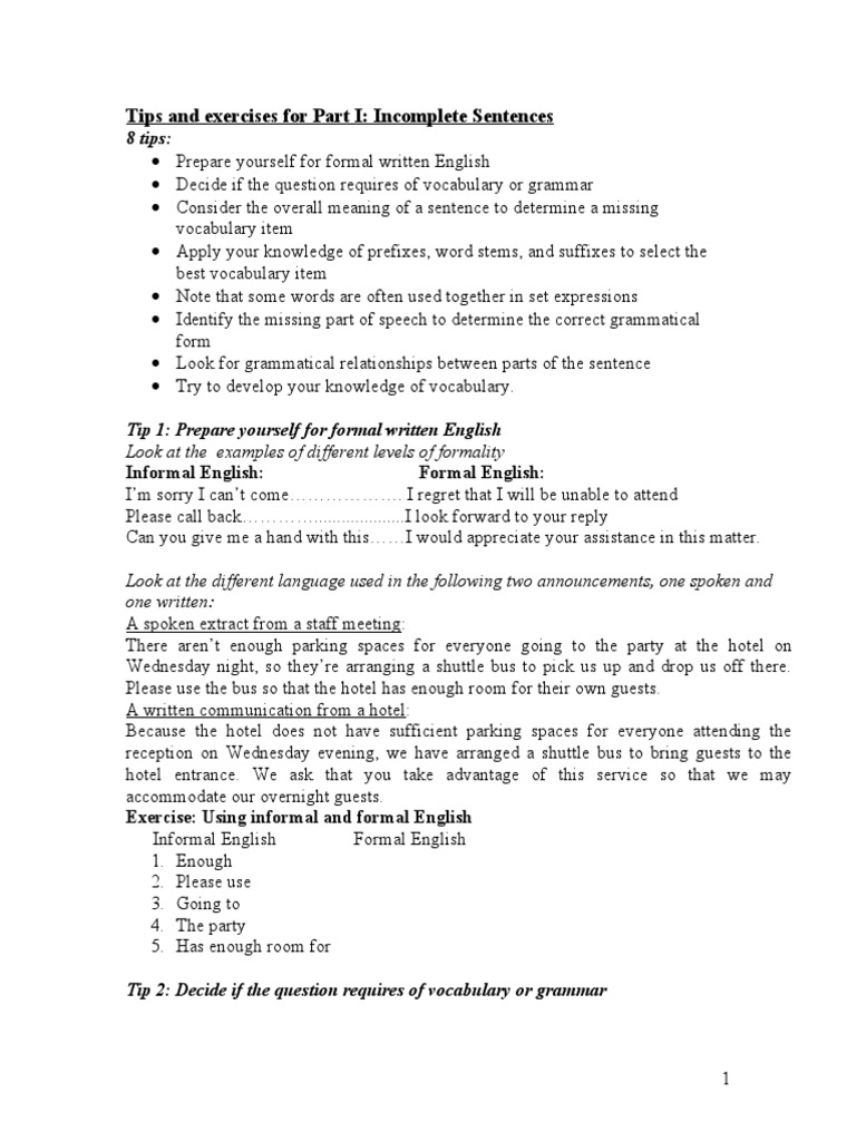 Tips and Exercises For Part I: Incomplete Sentences | PDF | Part Of ...