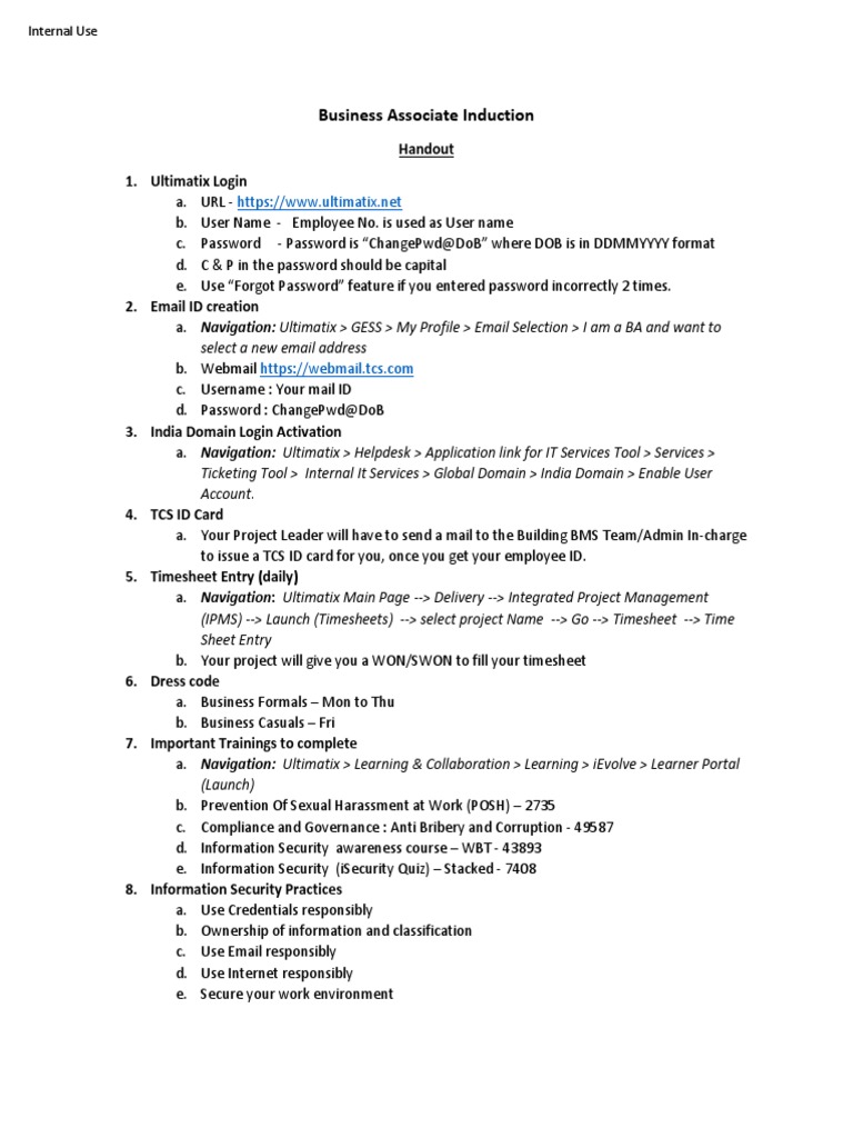 BA Induction Handout | PDF | Information Security | Password