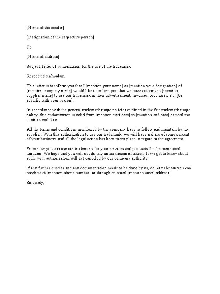 Trademark Authorization Letter Template | PDF