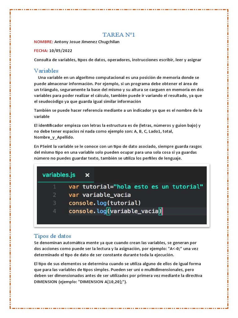 Tarea Nº1 | PDF | Variable (informática) | Algoritmos