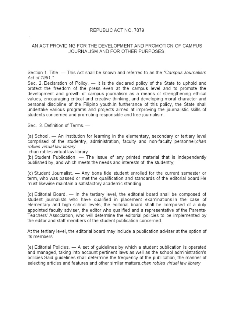 RA 7079 Campus Journalism Act | PDF | Journalism | Secondary School