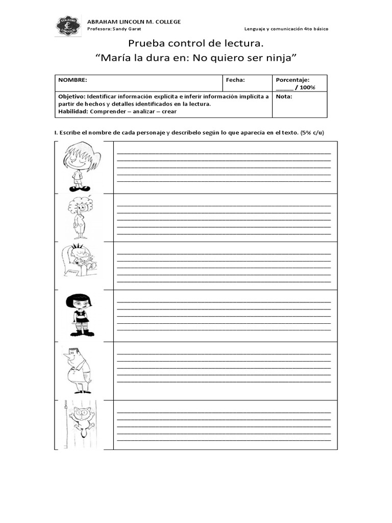 Control de Lectura María La Dura En: No Quiero Ser Ninja. 4to Básico | PDF