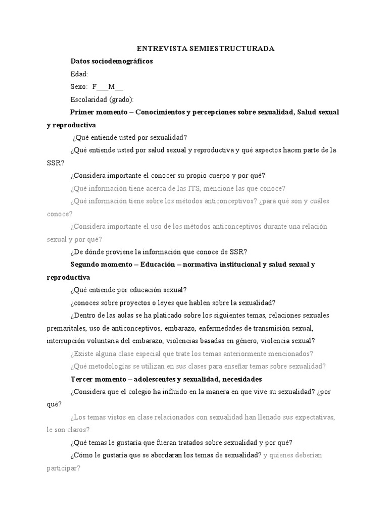 Entrevista Semiestructurada | PDF | La sexualidad humana | Control de la natalidad