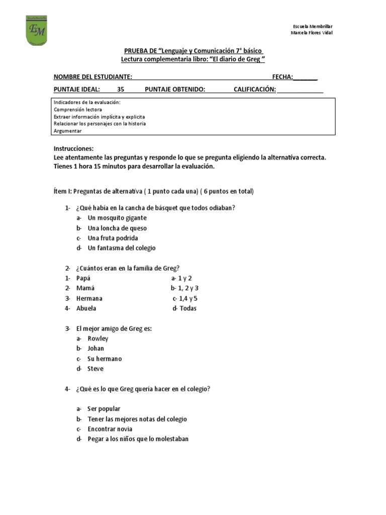 Prueba Lectura Complementaria 7° El Diario de Greg | PDF