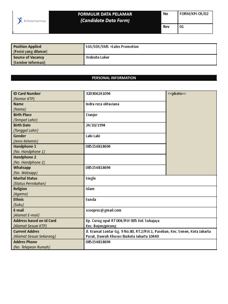Formulir Data Pelamar | PDF