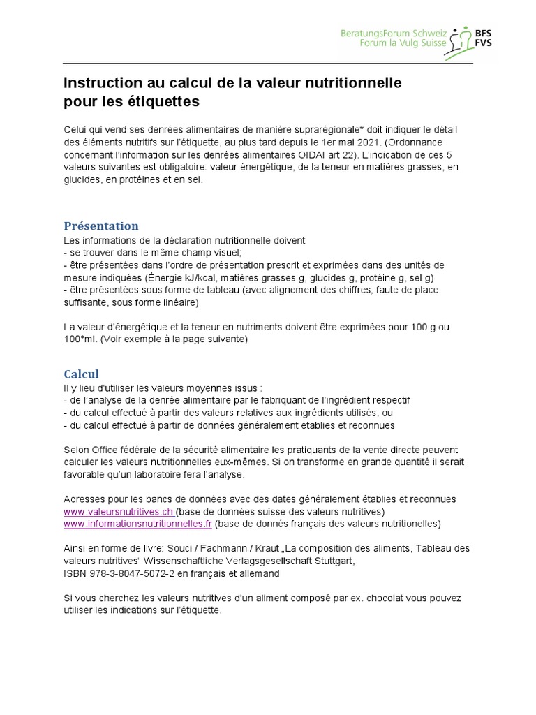 Instruction Calcul Valeur Nutritive | PDF | Information nutritionnelle ...