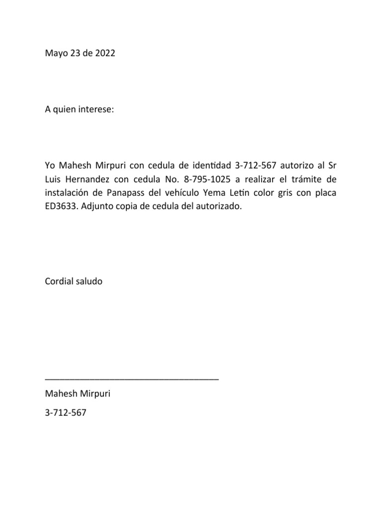 Carta Autorizacion Panapass | PDF