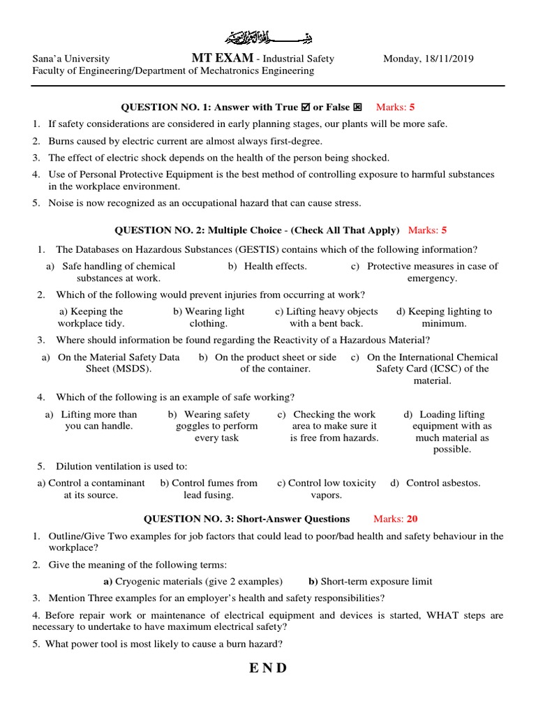 MT Exam: QUESTION NO. 1: Answer With True or False | PDF | Occupational ...