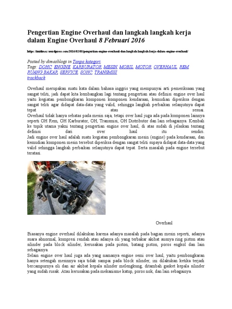 Pengertian Engine Overhaul Dan Langkah Langkah Kerja Dalam Engine | PDF