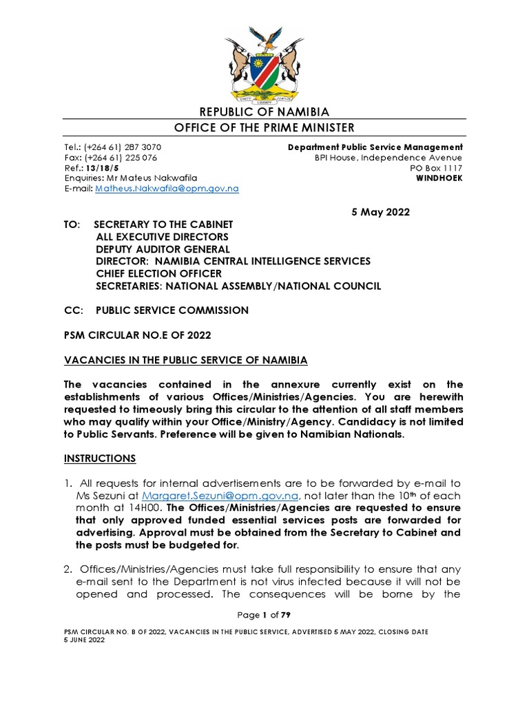 PSM Vacancy Circular No E of 2022 | PDF | Magistrate | Namibia