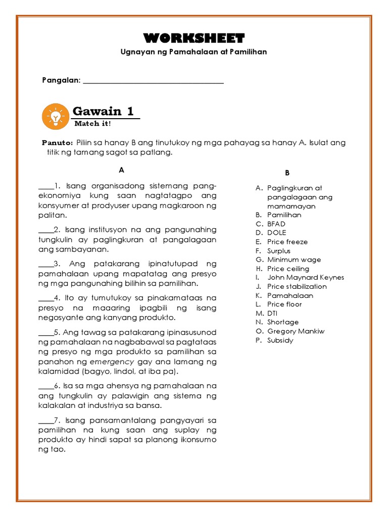 WORKSHEET - Ugnayan NG Pamahalaan at Pamilihan | PDF