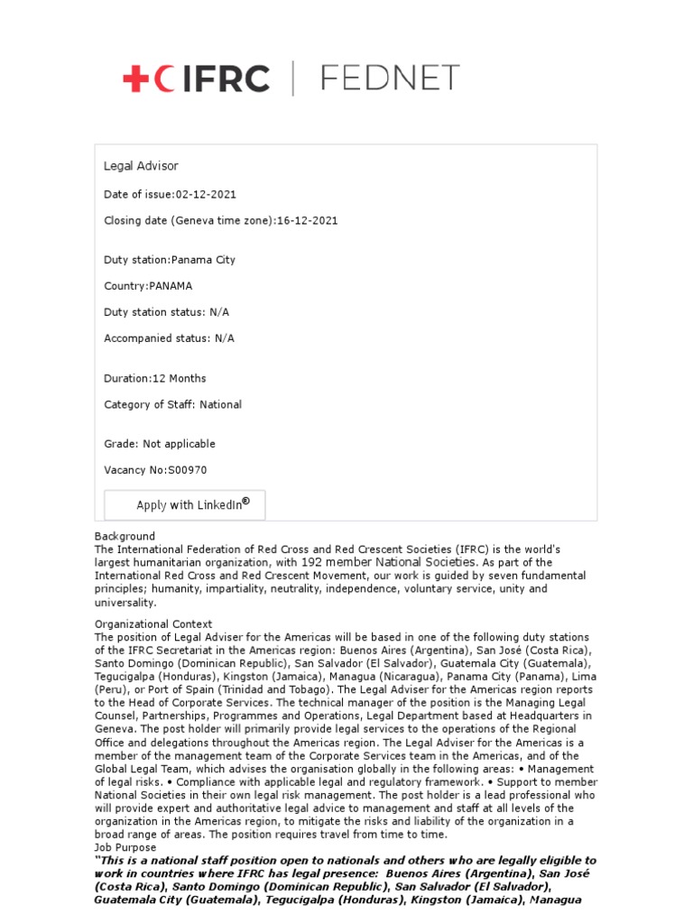 Job Description - IfRC - FedNet | PDF | International Red Cross And Red Crescent Movement ...