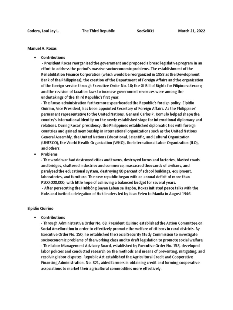 Codera - Presidents of The Third Republic | PDF | Philippines | Government