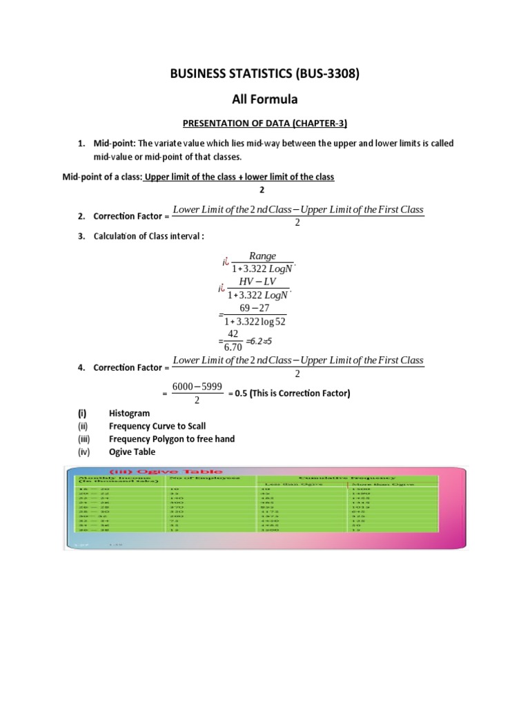Business Statistics (Bus-3308) All Formula: Presentation of Data ...