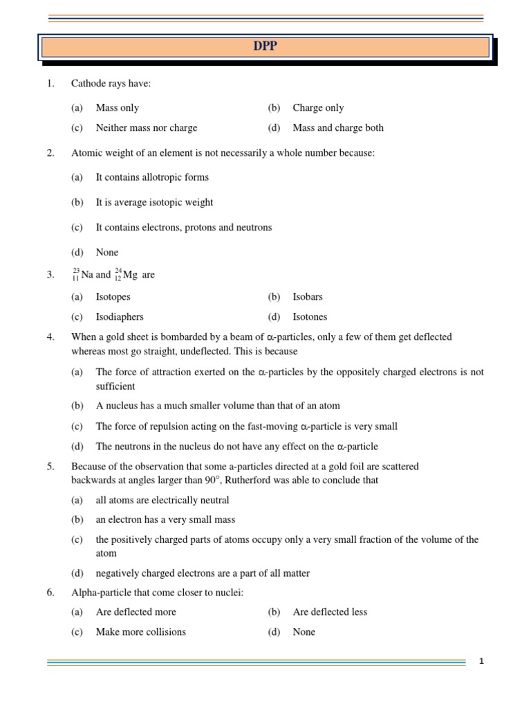 DPP 2 Atomic Structure | PDF | Atomic Nucleus | Atoms