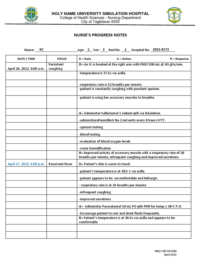 Cerj Sarigumba - Nurse's Progress Notes Fdar Template | PDF | Breathing ...