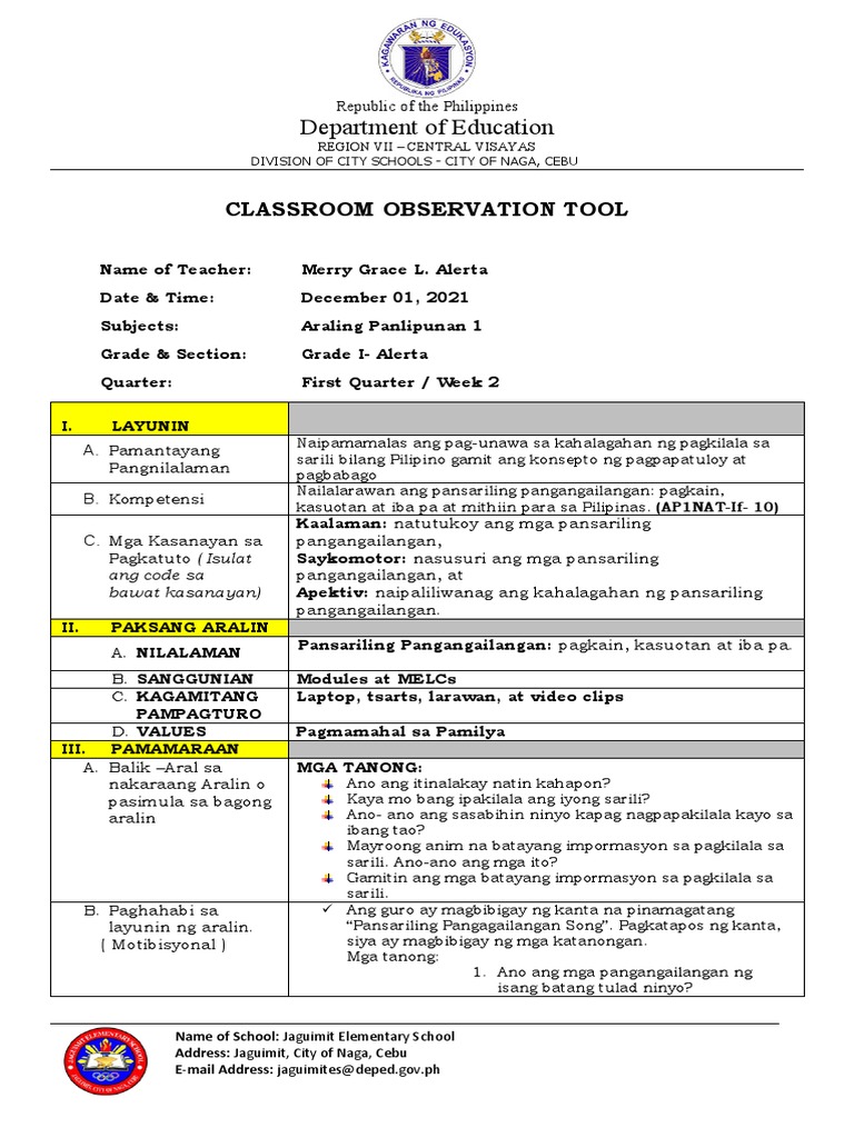 Department of Education: Classroom Observation Tool | PDF