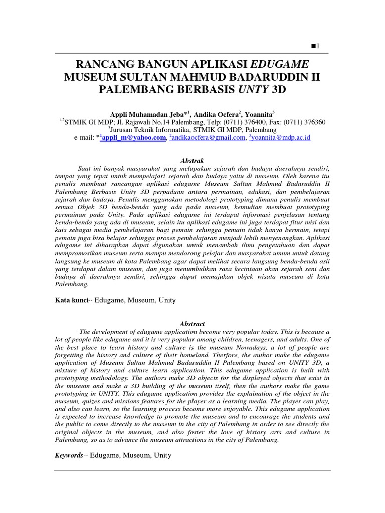 Edugame Museum Palembang Unity 3D | PDF