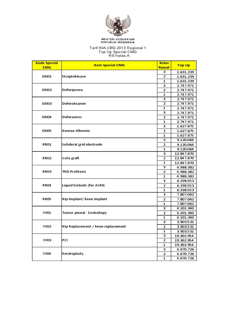 Tarif INA-CBG 2013 Regional 1: Special CMG Codes and Top Up Rates for ...