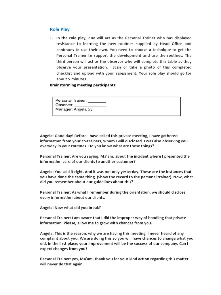 Role Play: Brainstorming Meeting Participants | PDF | Personal Trainer ...