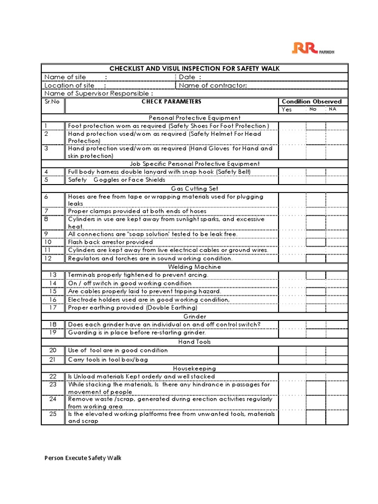 Checklist For Safety Walk | PDF | Personal Protective Equipment | Welding