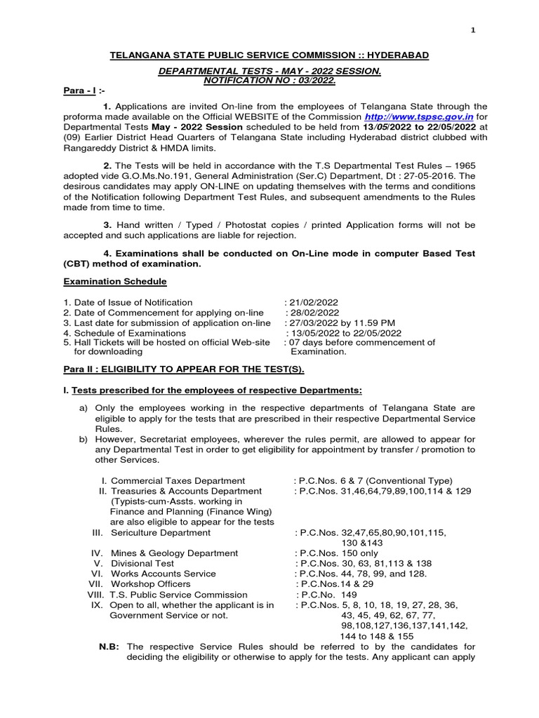 Departmental Tests - May - 2022 Session. NOTIFICATION NO: 03/2022 | PDF ...