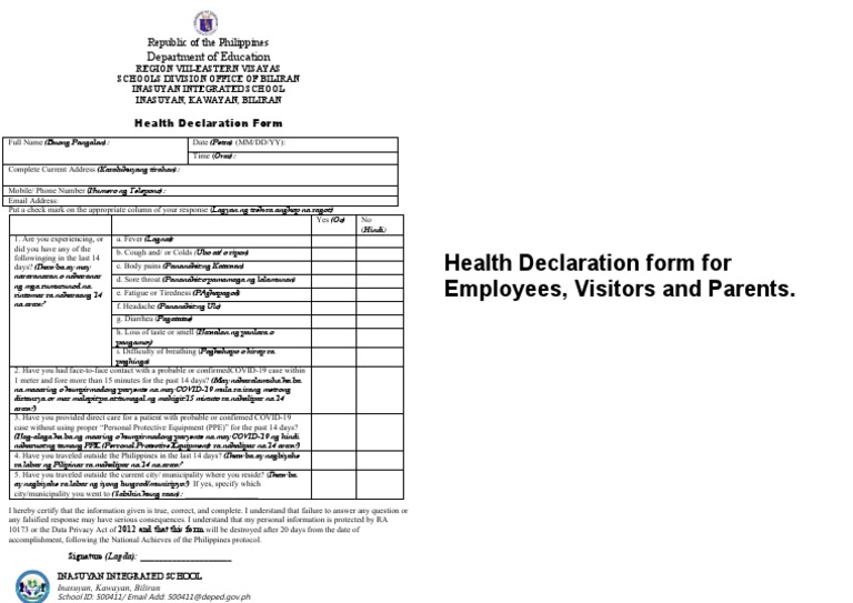 Health Declaration Form For Employees, Visitors and Parents | PDF ...