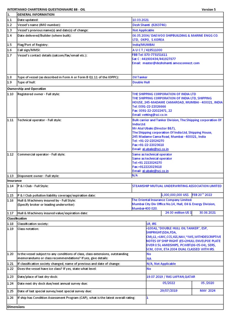 Intertanko Chartering Questionnaire 88 - Oil 1. General Information ...
