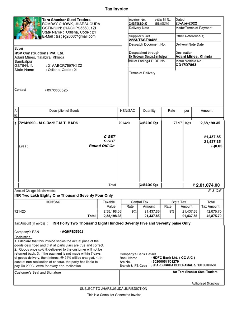 Tax Invoice: Bombay Chowk, Jharsuguda GSTIN/UIN: 21AGHPS3530J1ZI State ...