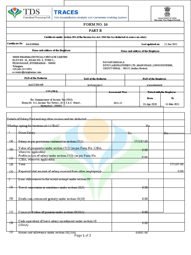 Form 16 | PDF | Tax Deduction | Pension