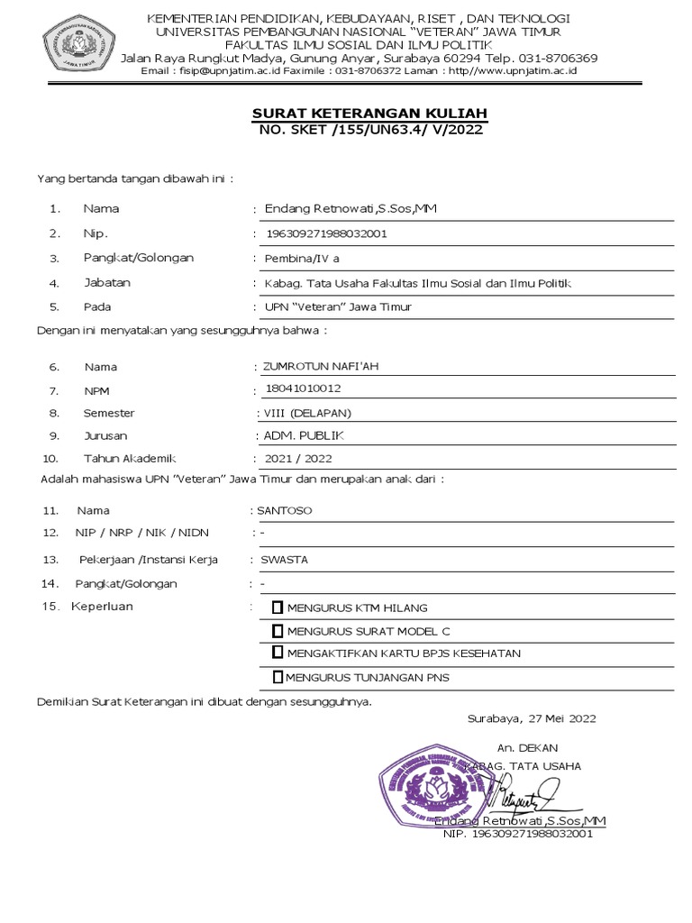 Surat Keterangan Kuliah UPN Veteran | PDF