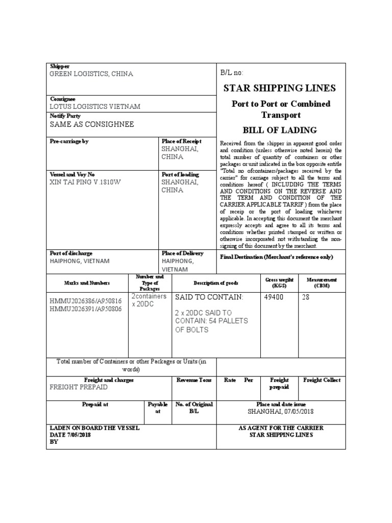 Star Shipping Lines: B/L No | PDF | Cargo | Bill Of Lading