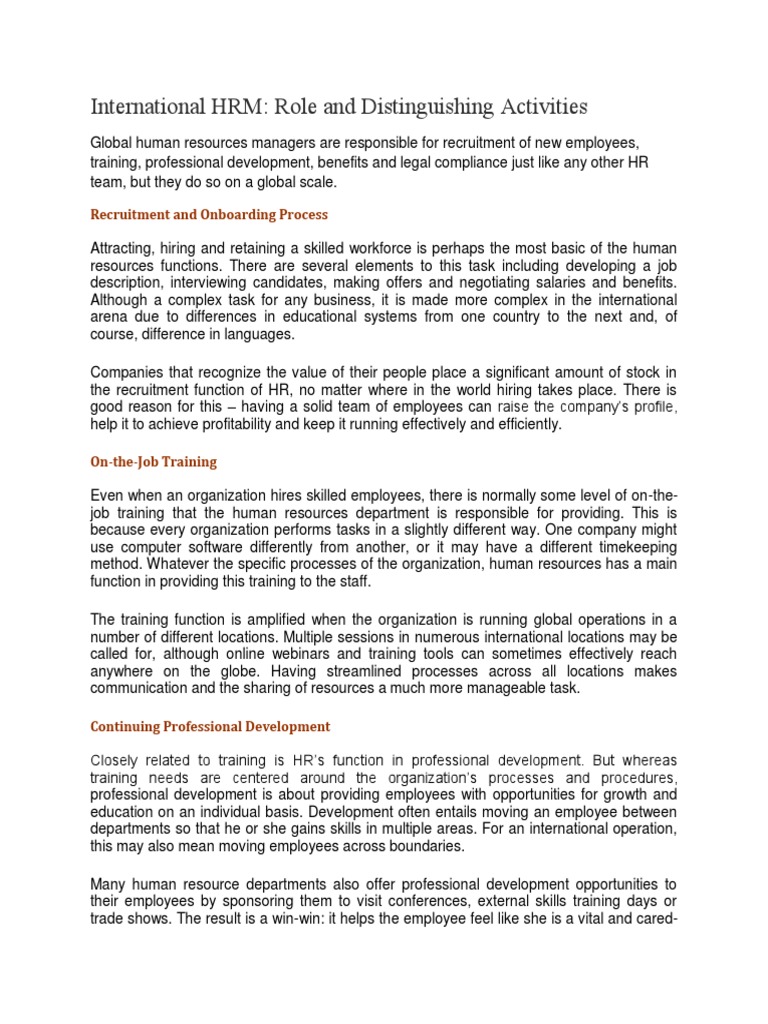 Global Human Resource Management: Key Functions and Activities of ...