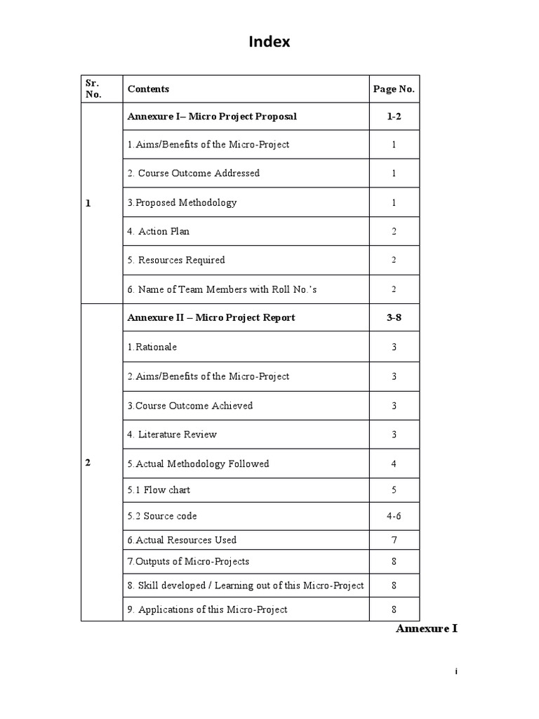 Index: Sr. No. Page No. Annexure I - Micro Project Proposal 1-2 | Download Free PDF | Computer ...