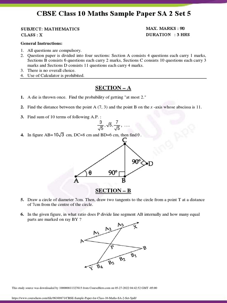 Class 10 Maths Sample Paper SA 2 | PDF | Circle | Area