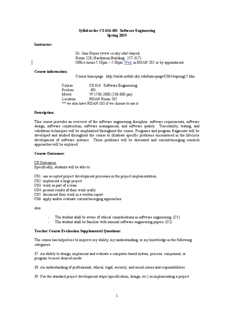 Syllabus-CS-616-Software Engineering-Spring-2015 | PDF | Essays ...