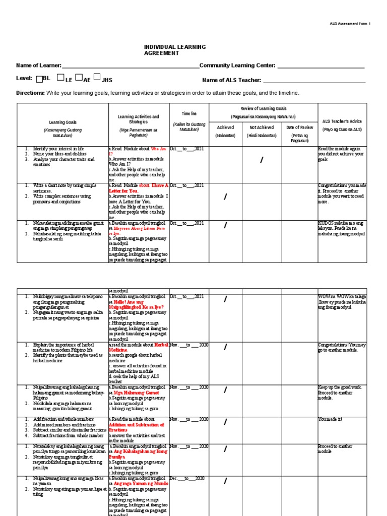 ALS Assessment Form 1 | PDF