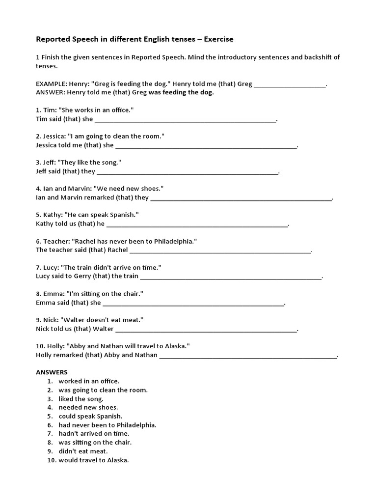 Reported Speech in Different English Tenses - Exercise: Answers | PDF
