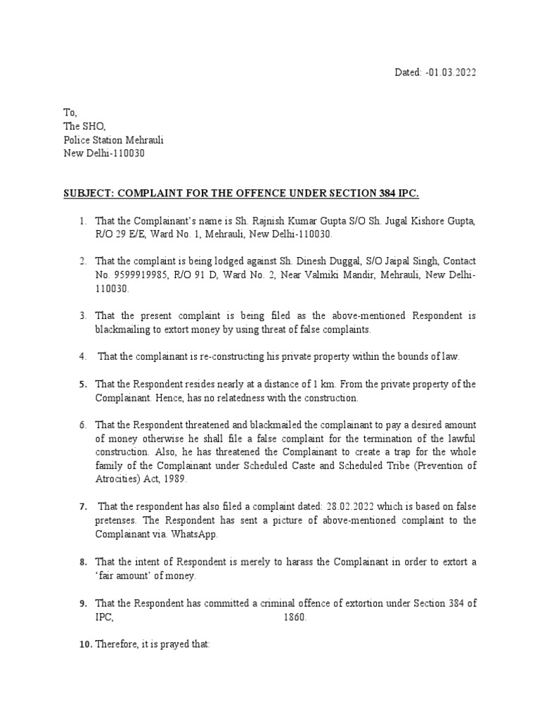Subject: Complaint For The Offence Under Section 384 Ipc | PDF
