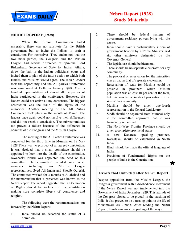 Nehru Report (1928) Study Materials | PDF | All India Muslim League ...