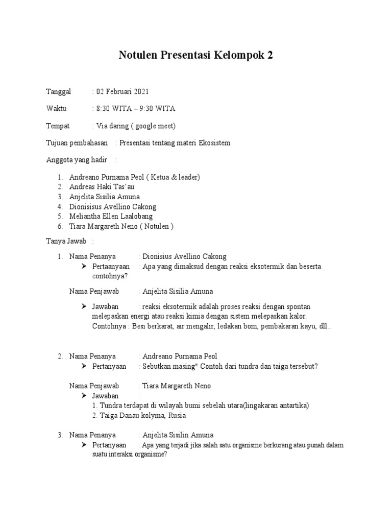 Notulen Presentasi (EKOSISTEM) Kelompok 2 | PDF | Ilmu Sosial ...