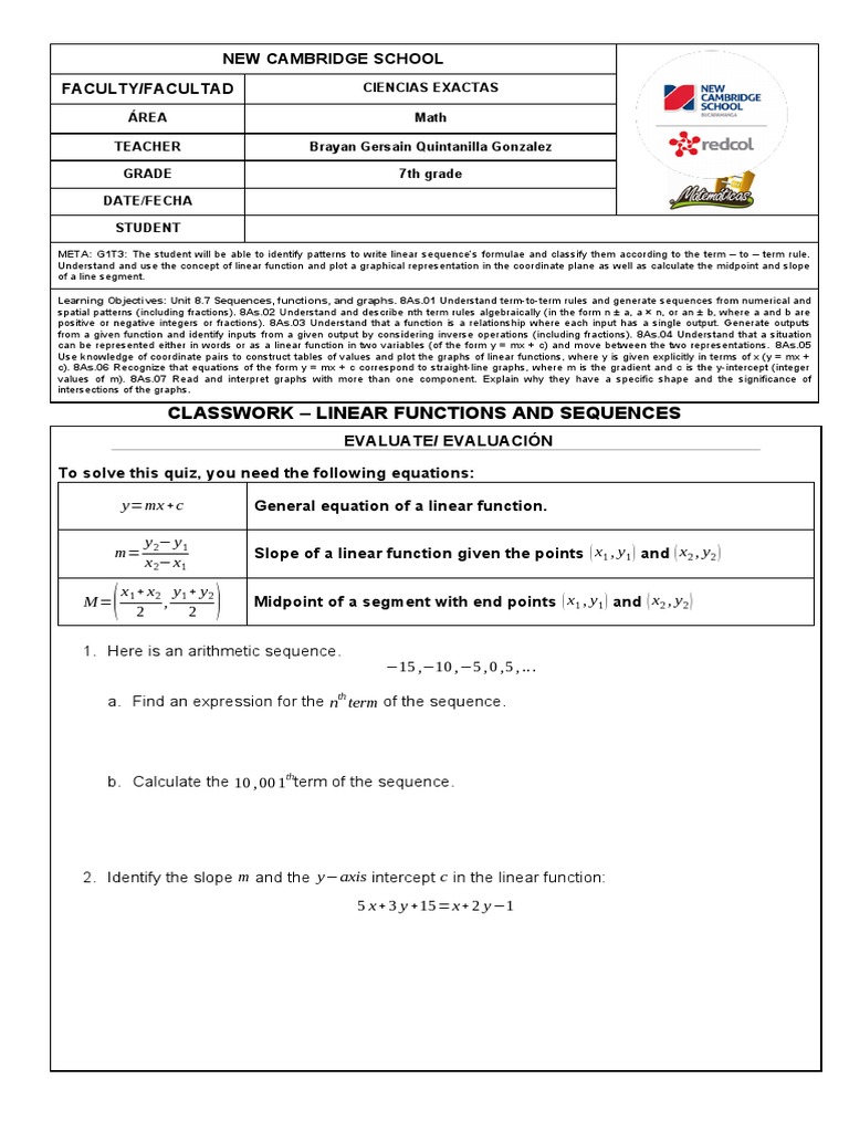 Classwork 7TH Grade - Linear Function | PDF | Function (Mathematics ...