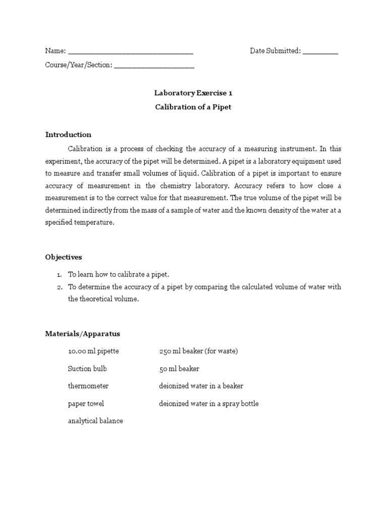 Pipet Calibration Laboratory Exercise | PDF | Calibration | Metrology