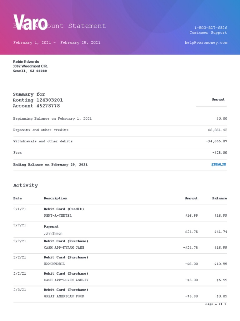 Varo Bankstatement 1 | PDF | Debit Card | Automated Teller Machine