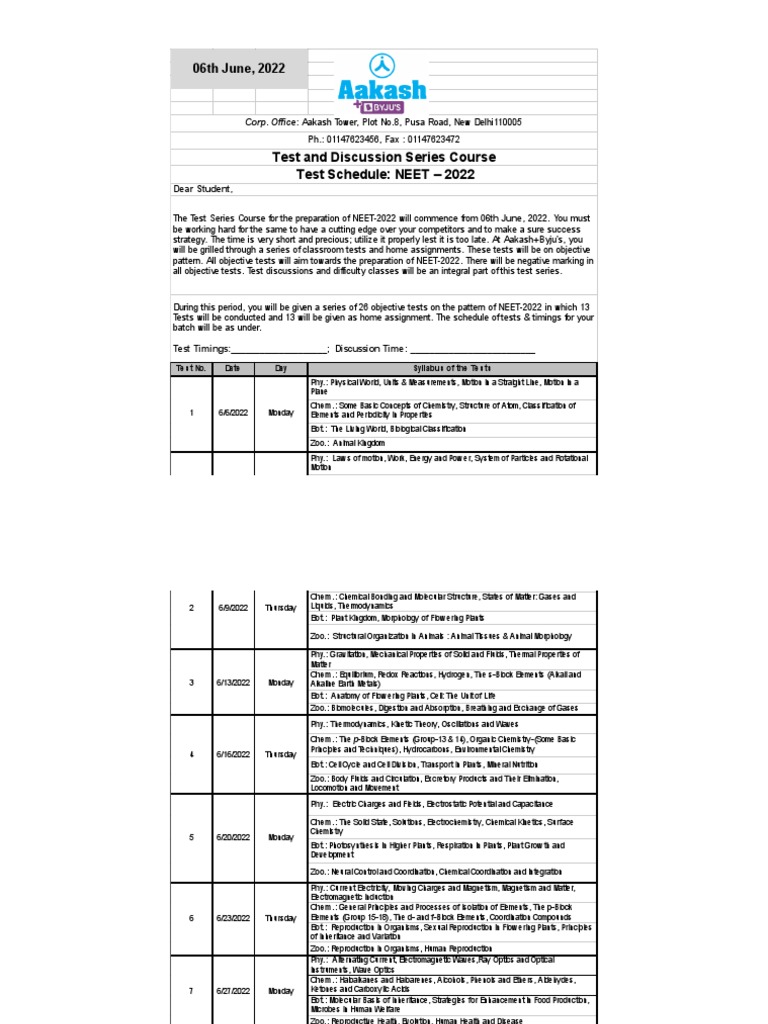 NEET 2022 Test Series Schedule: 13 Classroom Tests and 13 Home ...