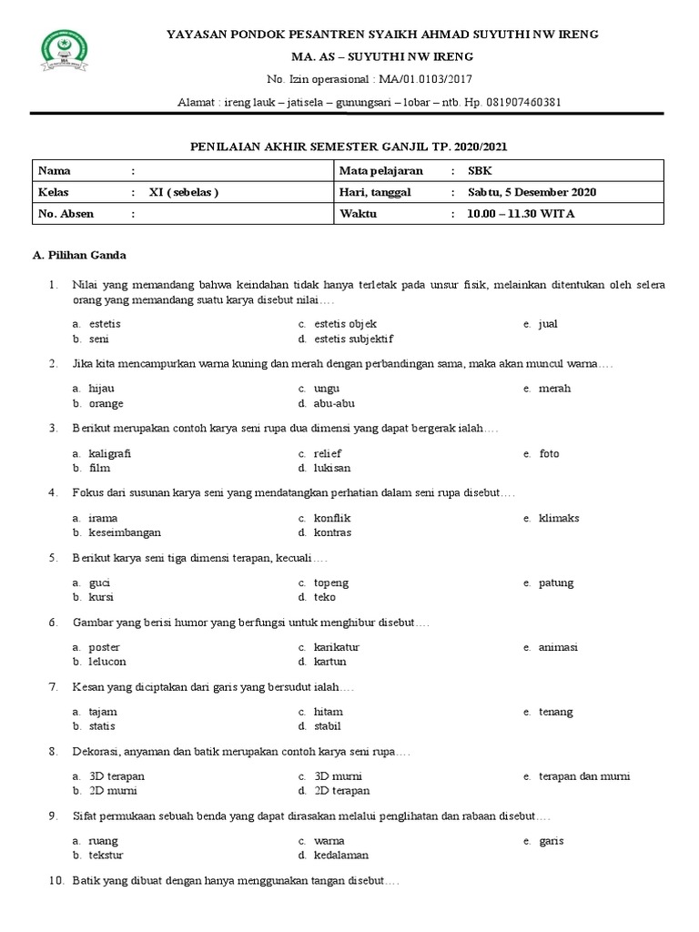 Soal SBK KLS Xi | PDF